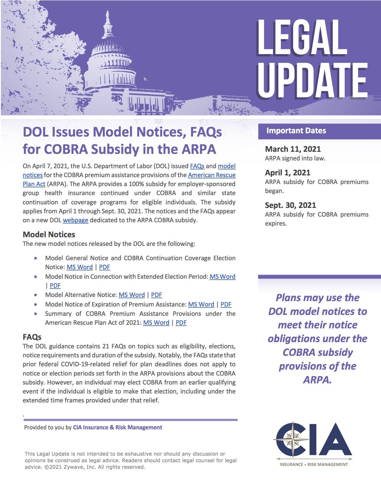 DOL Issues Model Notices, FAQs for COBRA Subsidy in the ARPA - CIA ...