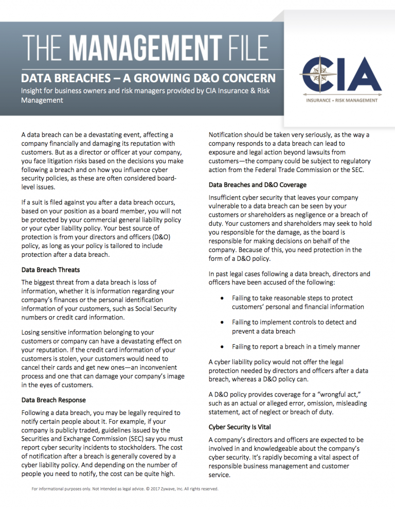 Data Breaches – A Growing D&O Concern - CIA Insurance & Risk Management
